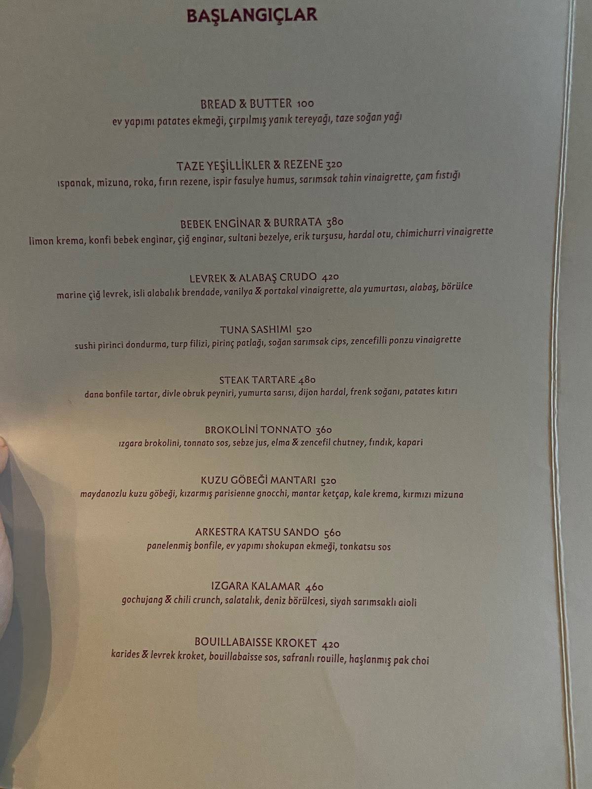 Menu at Arkestra, Istanbul, Dilhayat Sk. No:28