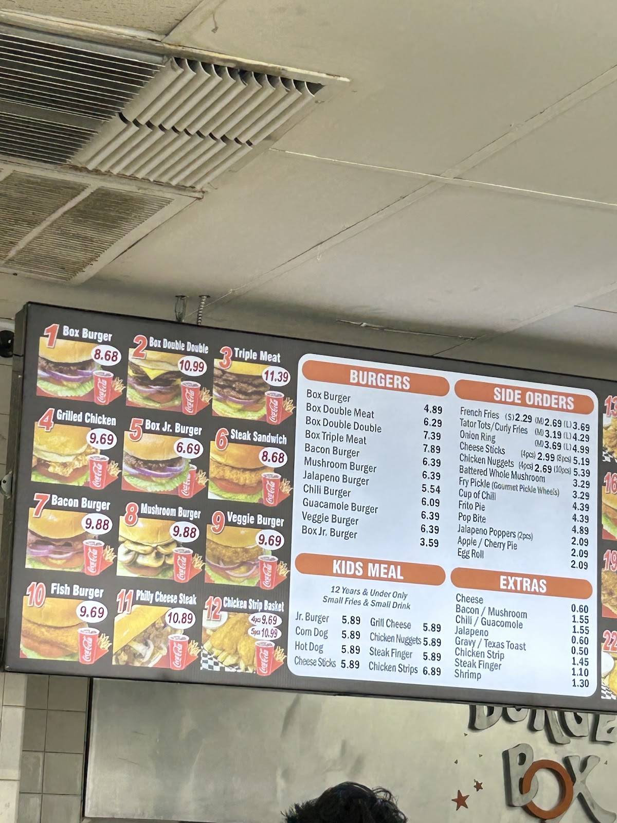 Menu at Burger Box fast food, Pantego, W Park Row Dr