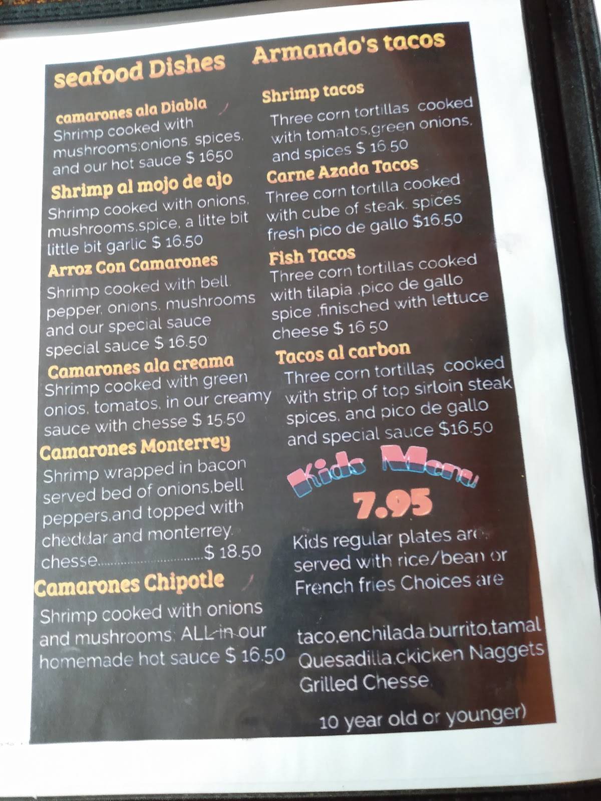 Menu at Armando’s restaurant, Myrtle Creek