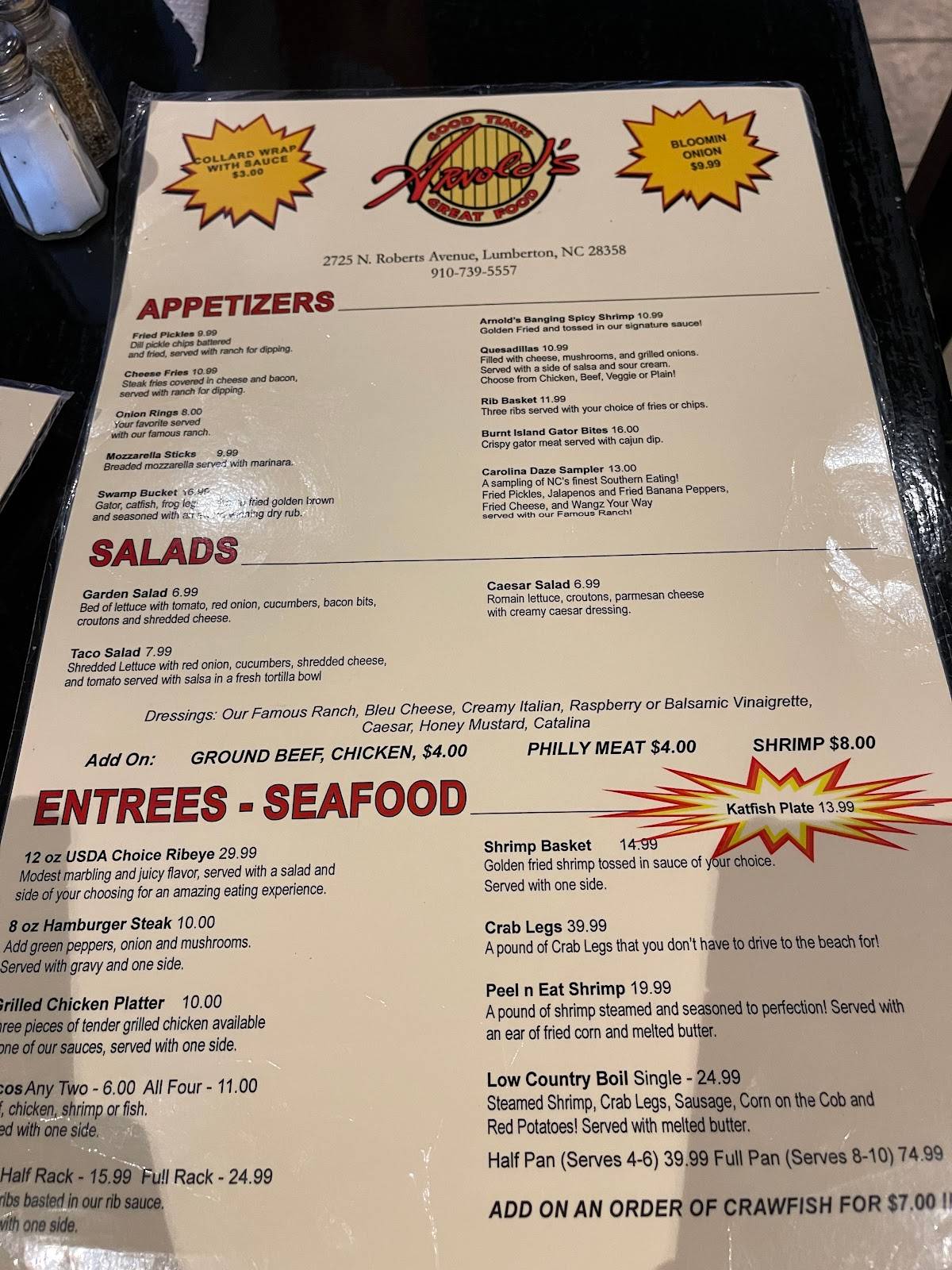 Menu at Arnold's Restaurant, Lumberton, N Roberts Ave