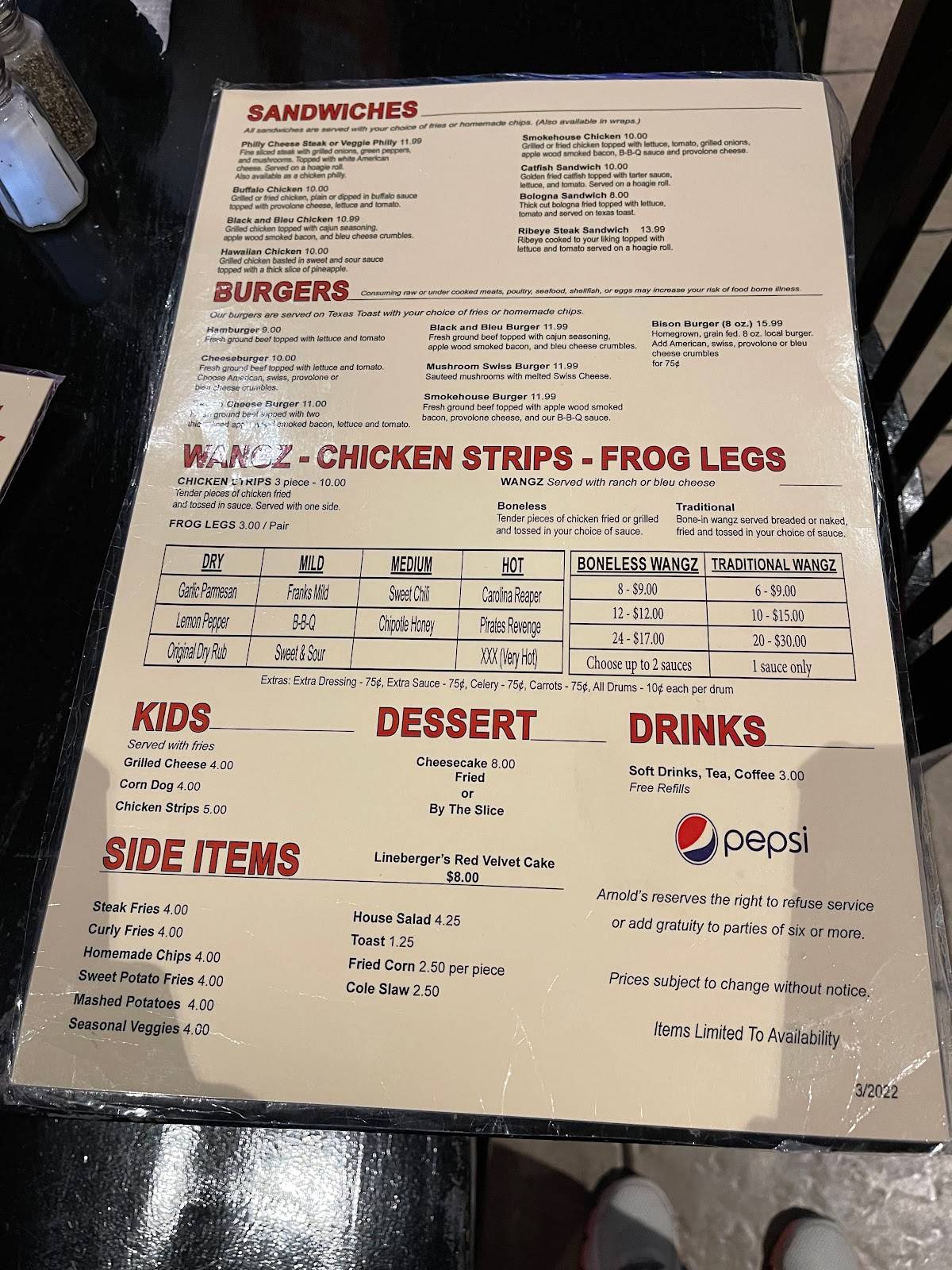 Menu at Arnold's Restaurant, Lumberton, N Roberts Ave