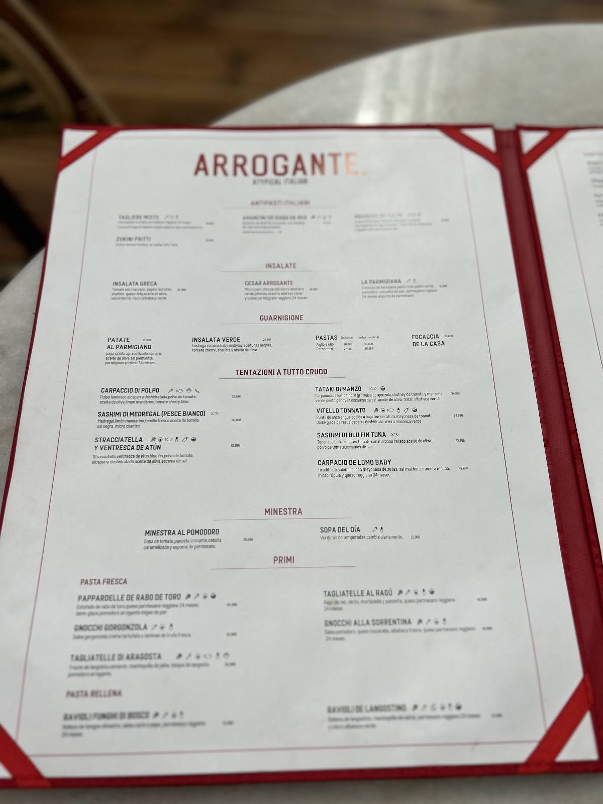 Carta de Arrogante Restaurante Bogotá, Bogotá