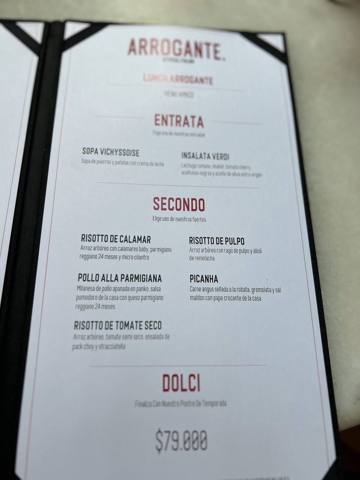 Carta de Arrogante Restaurante Bogotá, Bogotá