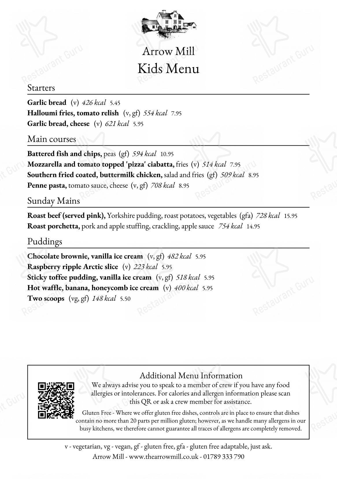 Menu at Arrow Mill pub & bar, Alcester, Arrow