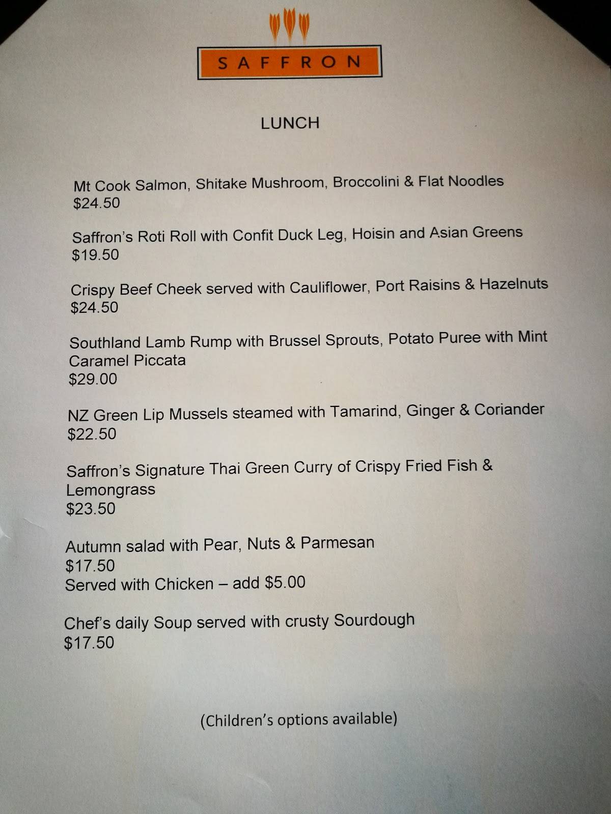 Menu at Saffron restaurant, Arrowtown