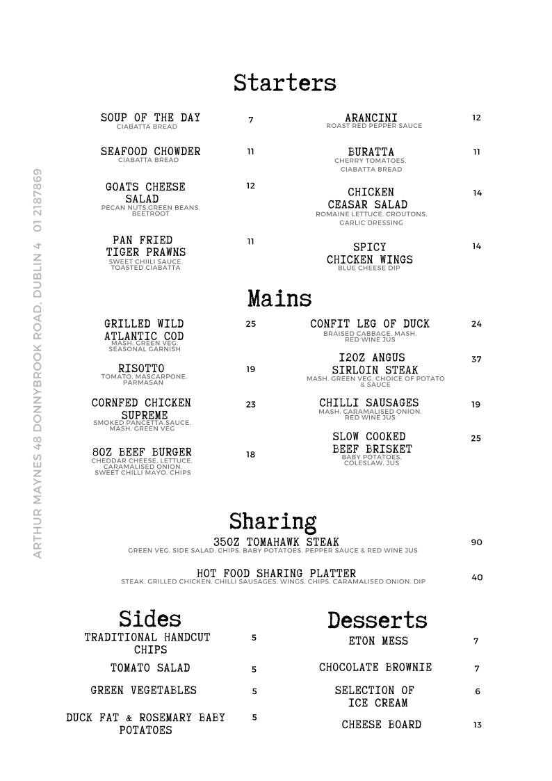 Menu at Arthur Mayne's Donnybrook pub & bar, Dublin