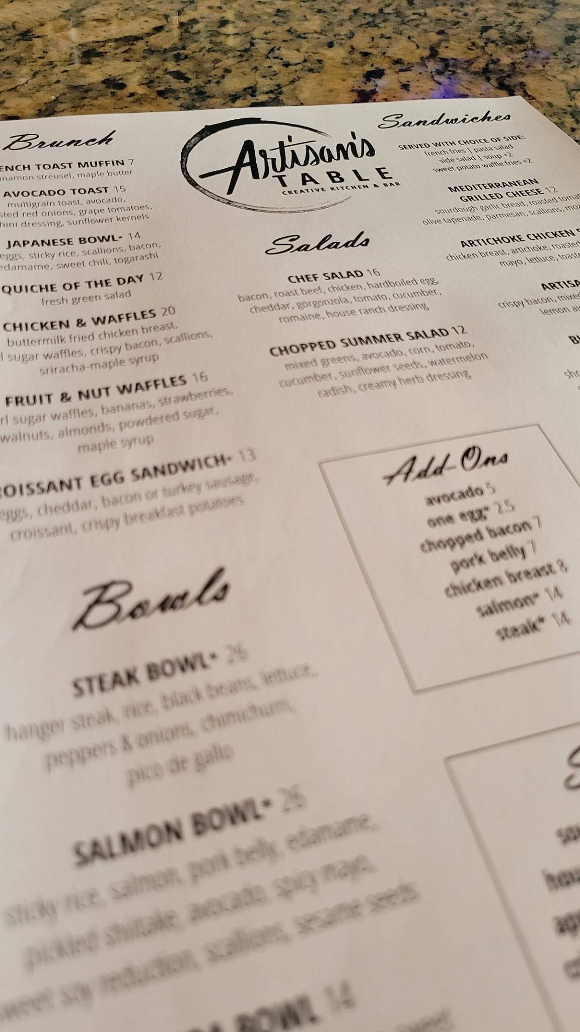 Menu at Artisan's Table restaurant, Orlando