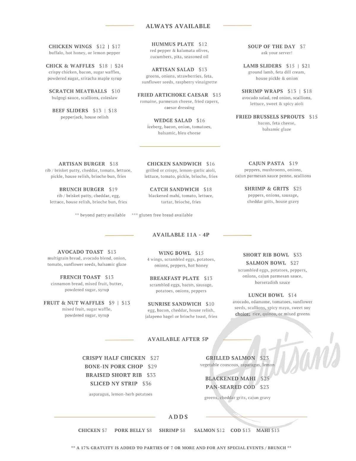 Menu at Artisan's Table restaurant, Orlando
