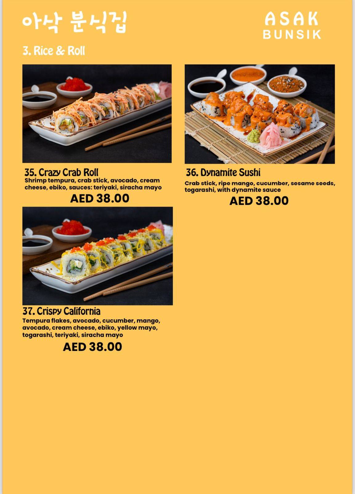 Menu at Asak Bunsik Restaurant (Korean & Japanese Street Foods), Sharjah
