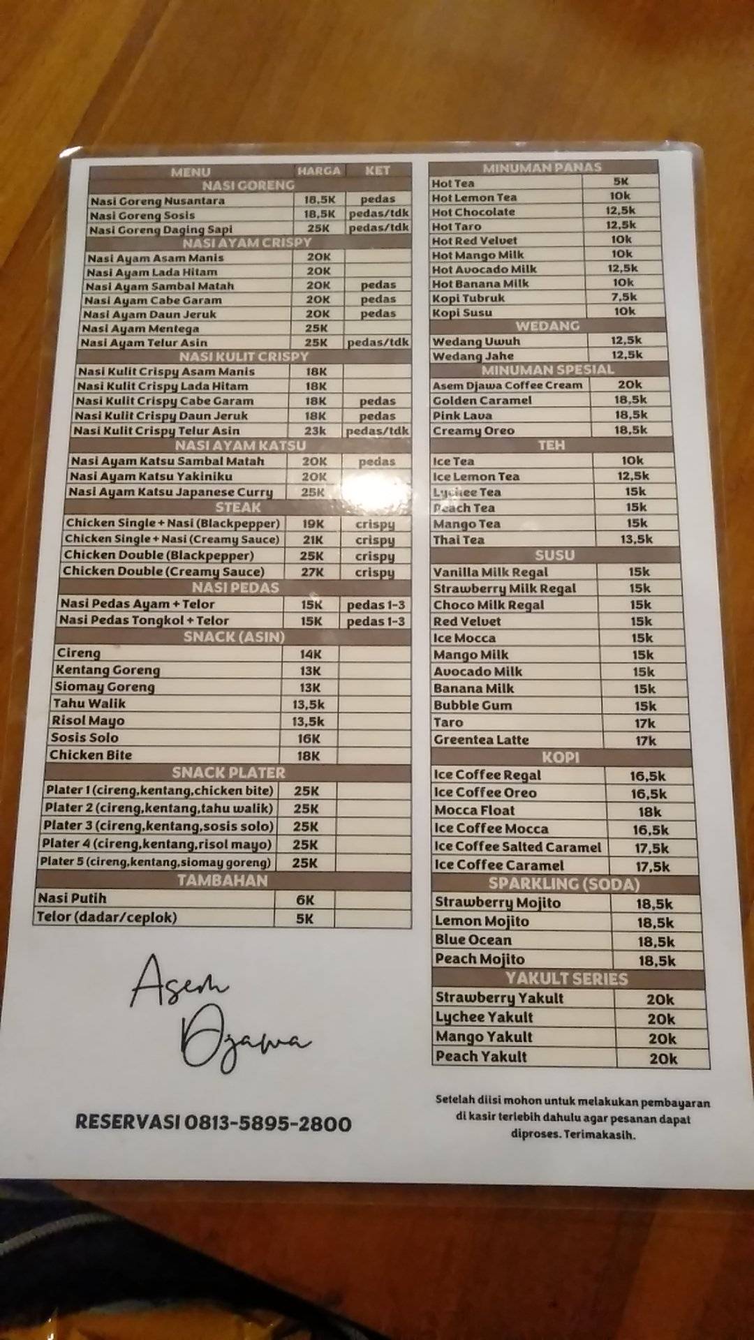 Menu at Asam Jawa restaurant, Indonesia