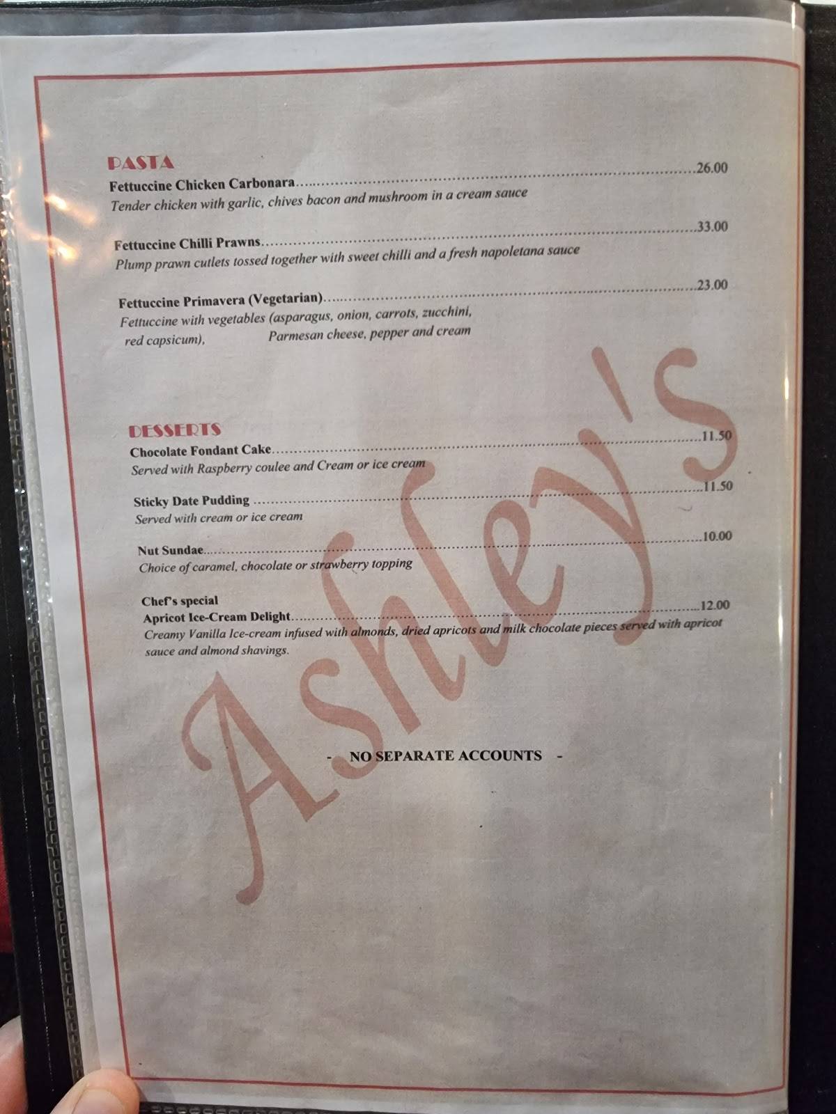 Menu at Ashley's Restaurant, Renmark