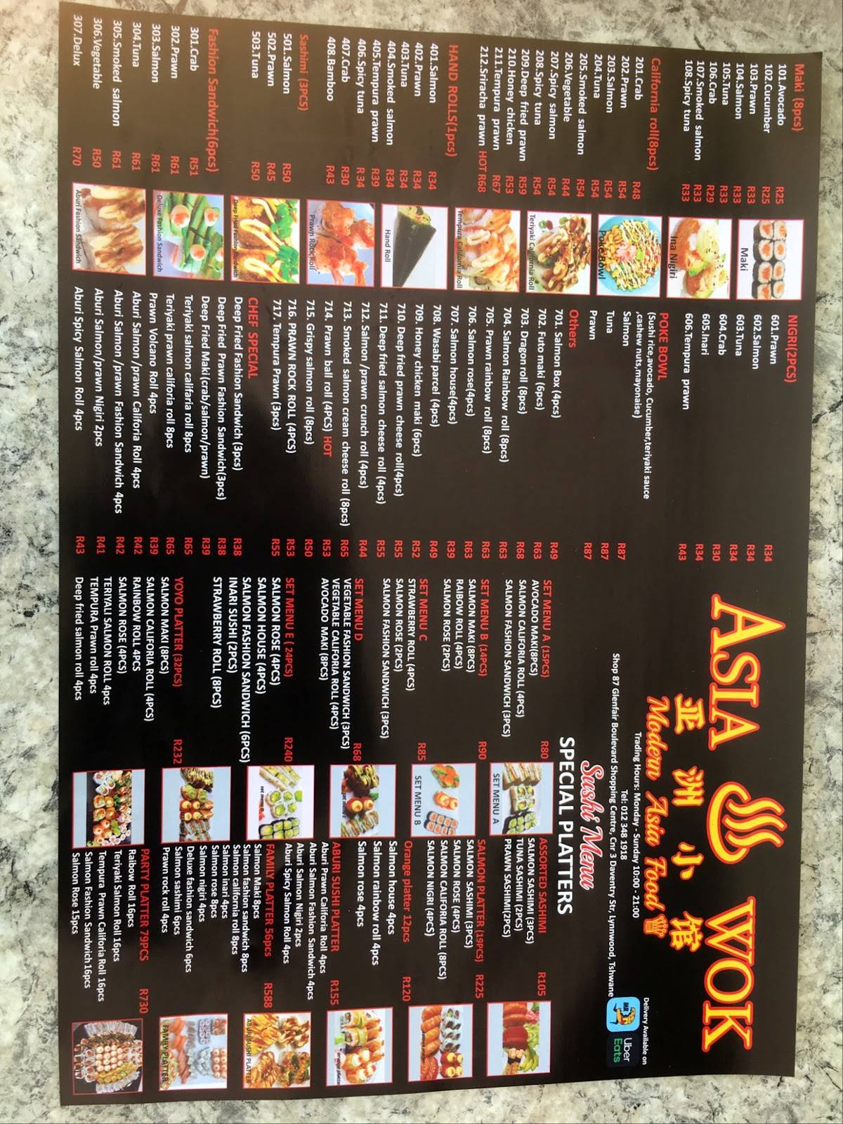 Menu at Asia Wok restaurant, Pretoria