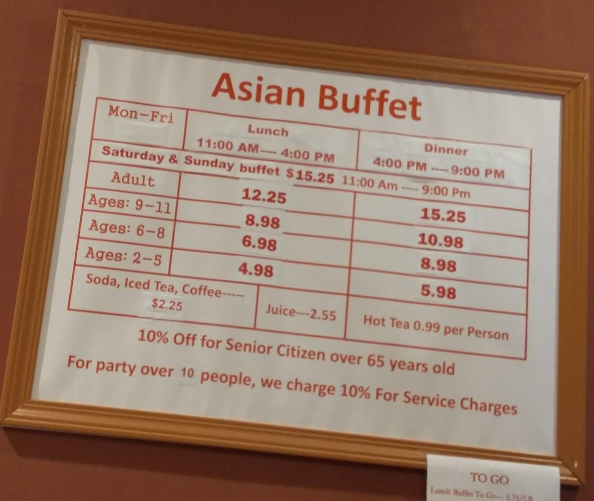 Menu at Asian Buffet restaurant, Gilroy