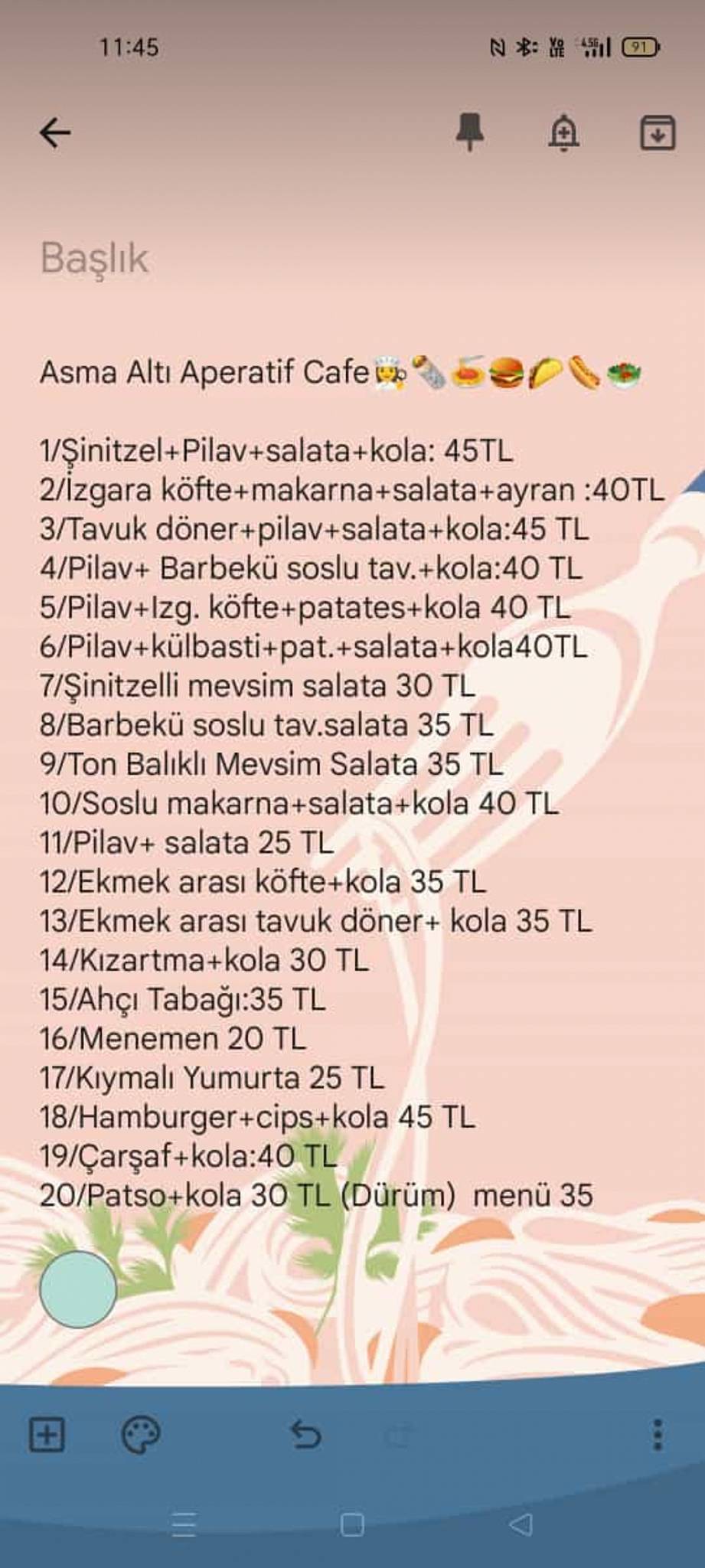 Carta de Asma Altı Aperatif Cafe, Aydın