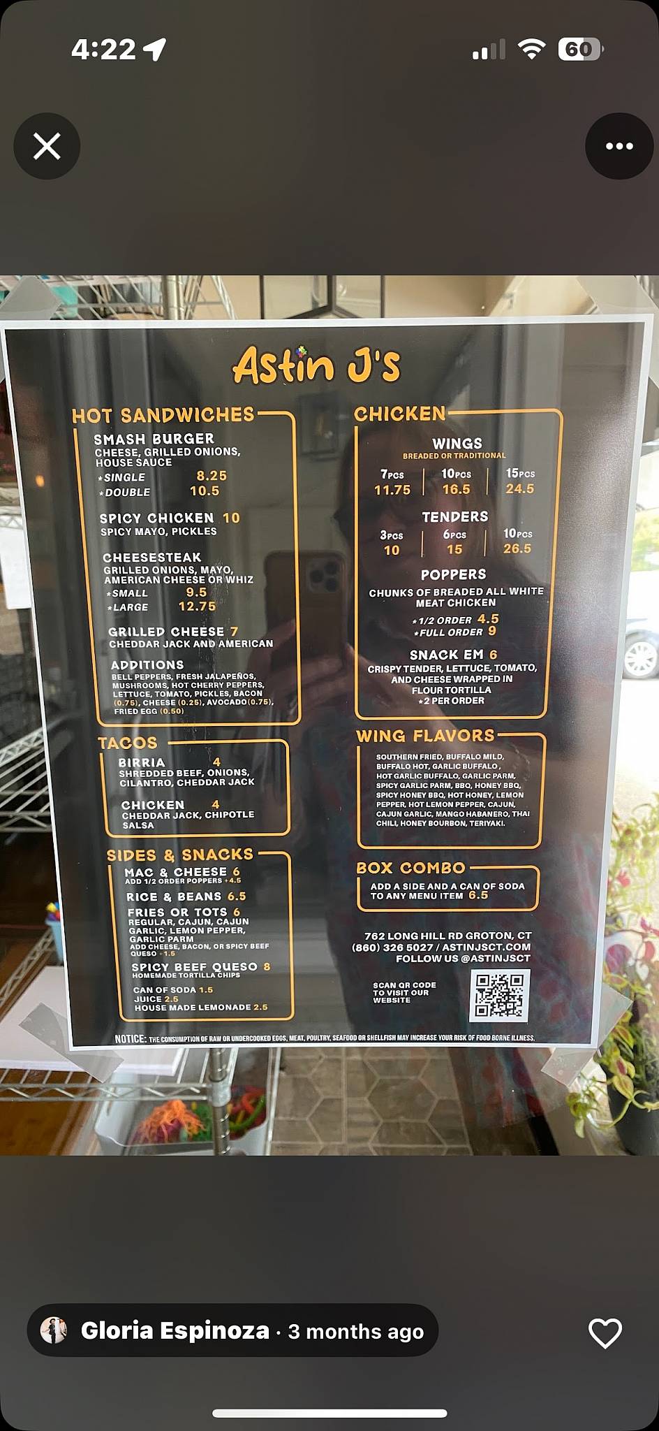 Menu at Astin J's restaurant, Groton