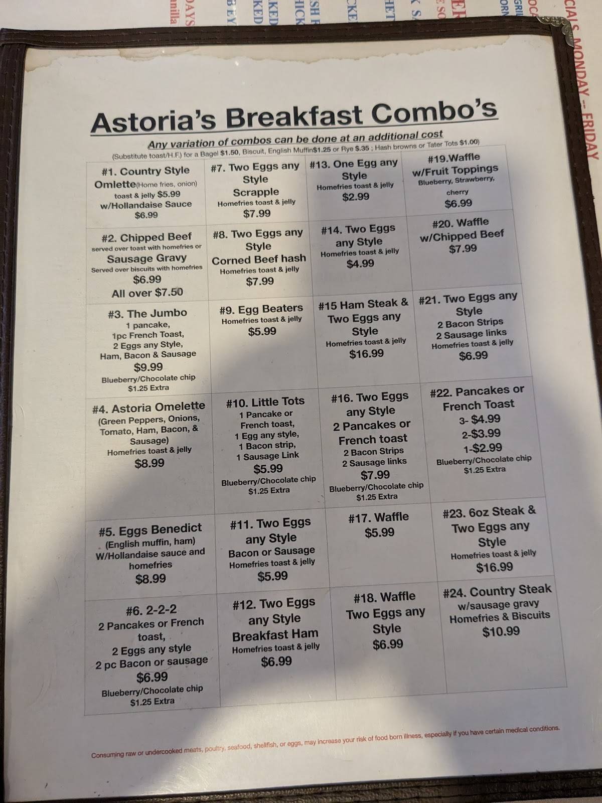Menu at Astoria Diner restaurant, York