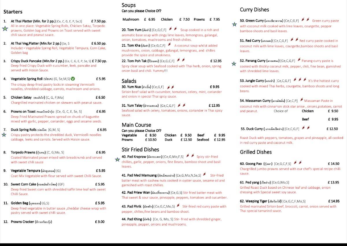 Menu at At Thai restaurant, Brixham