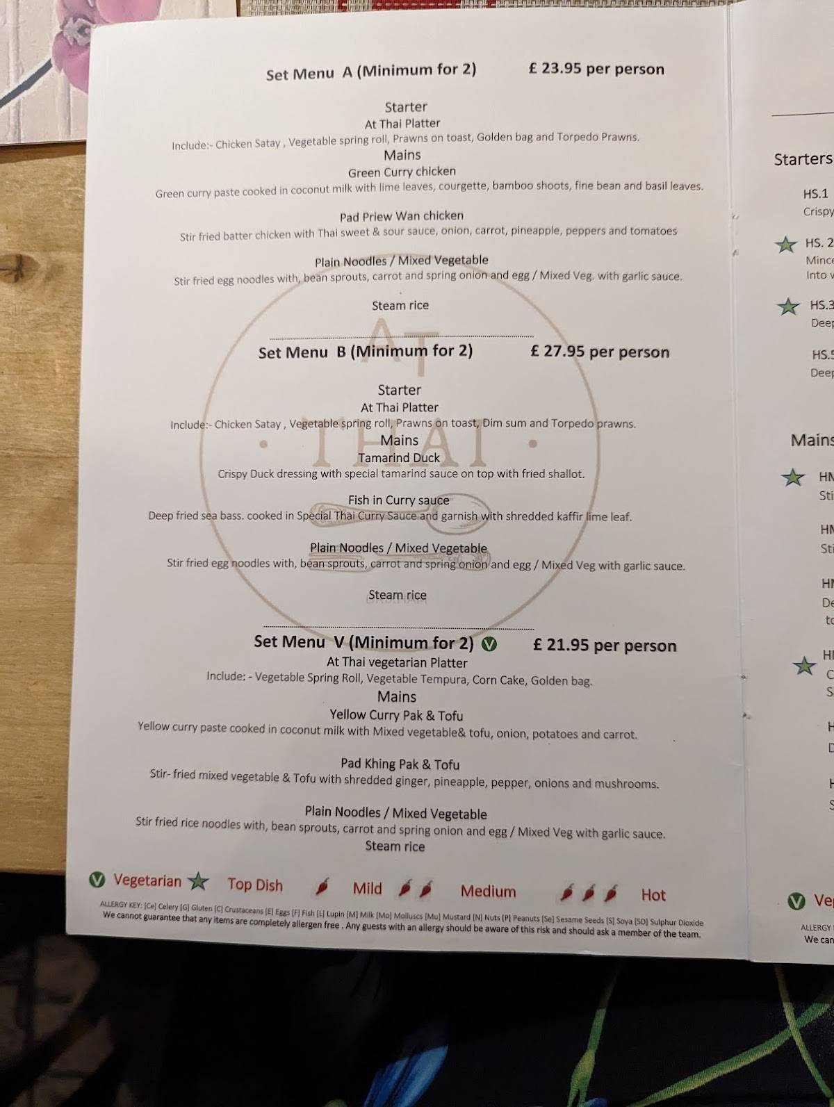 Menu at At Thai restaurant, Brixham