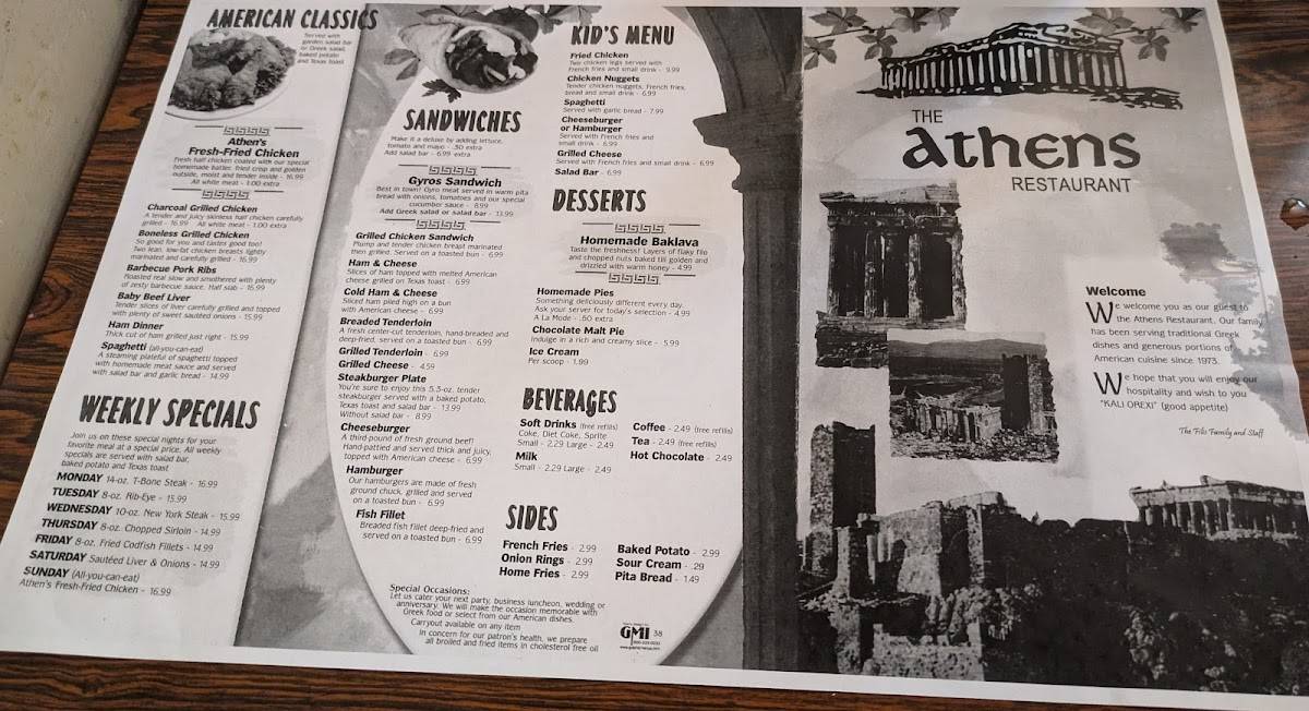 Menu at Athens steakhouse, Franklin, Northwood Plz Dr