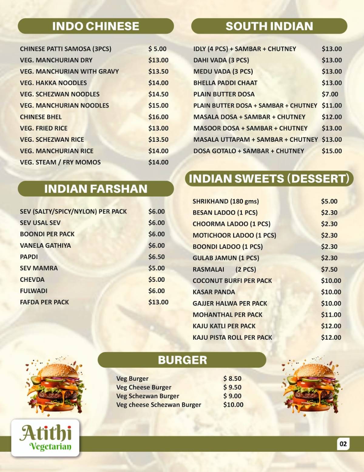 Menu at Atithi-Vegetarian restaurant, Auckland