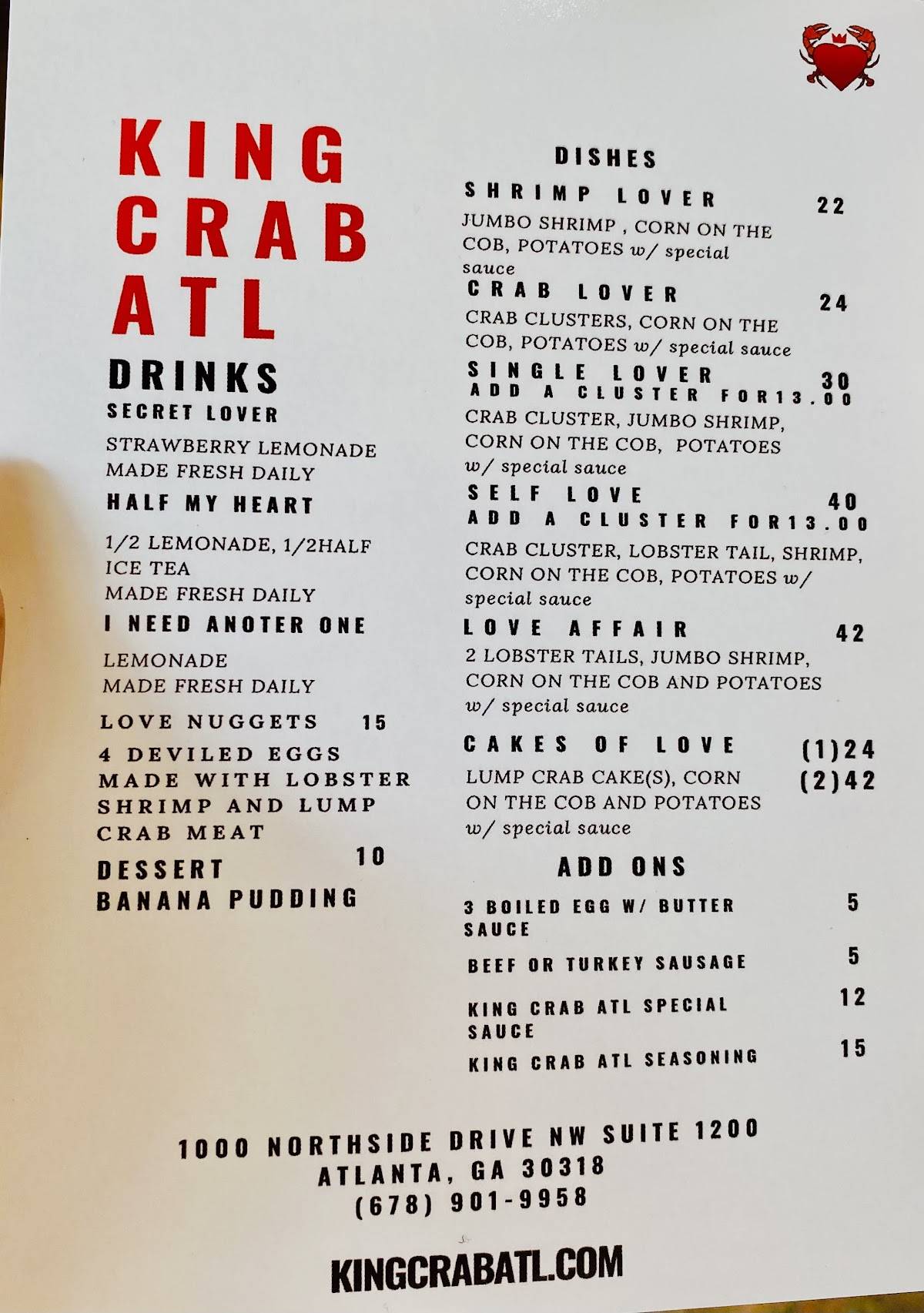 Menu at I Love Seafood LLC restaurant, Atlanta