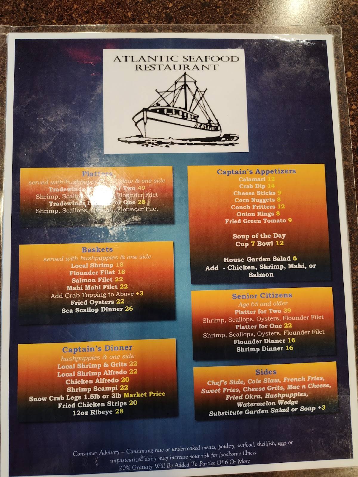 Menu at Atlantic Seafood Restaurant, Fernandina Beach, Sadler Rd