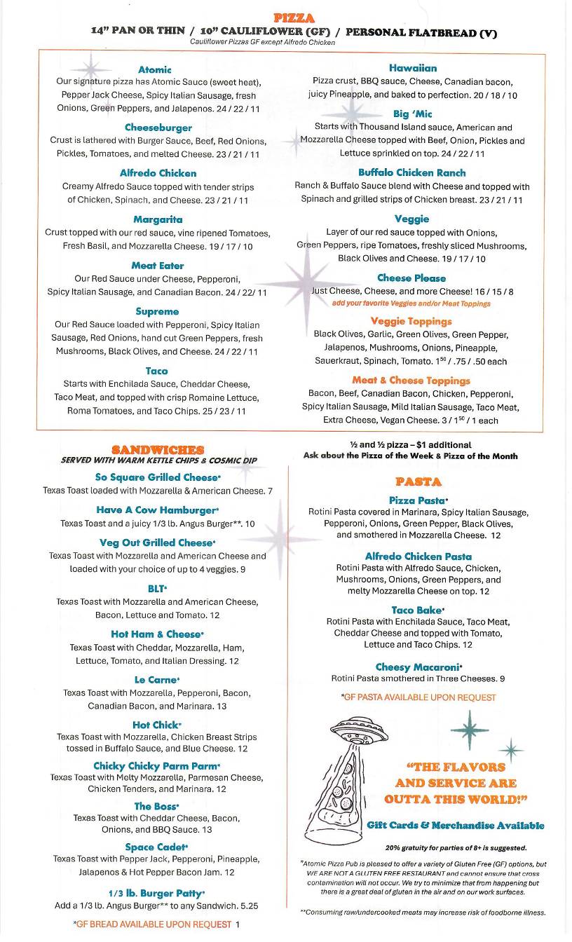Menu at Atomic Pizza Pub, Cresco