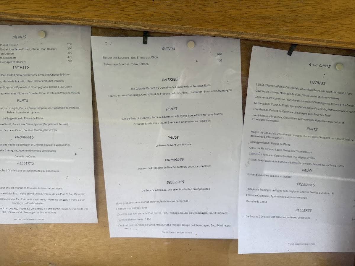 Menu au L'Auberge des Ris restaurant, Vallon-en-Sully, Lieu Dit Les Ris
