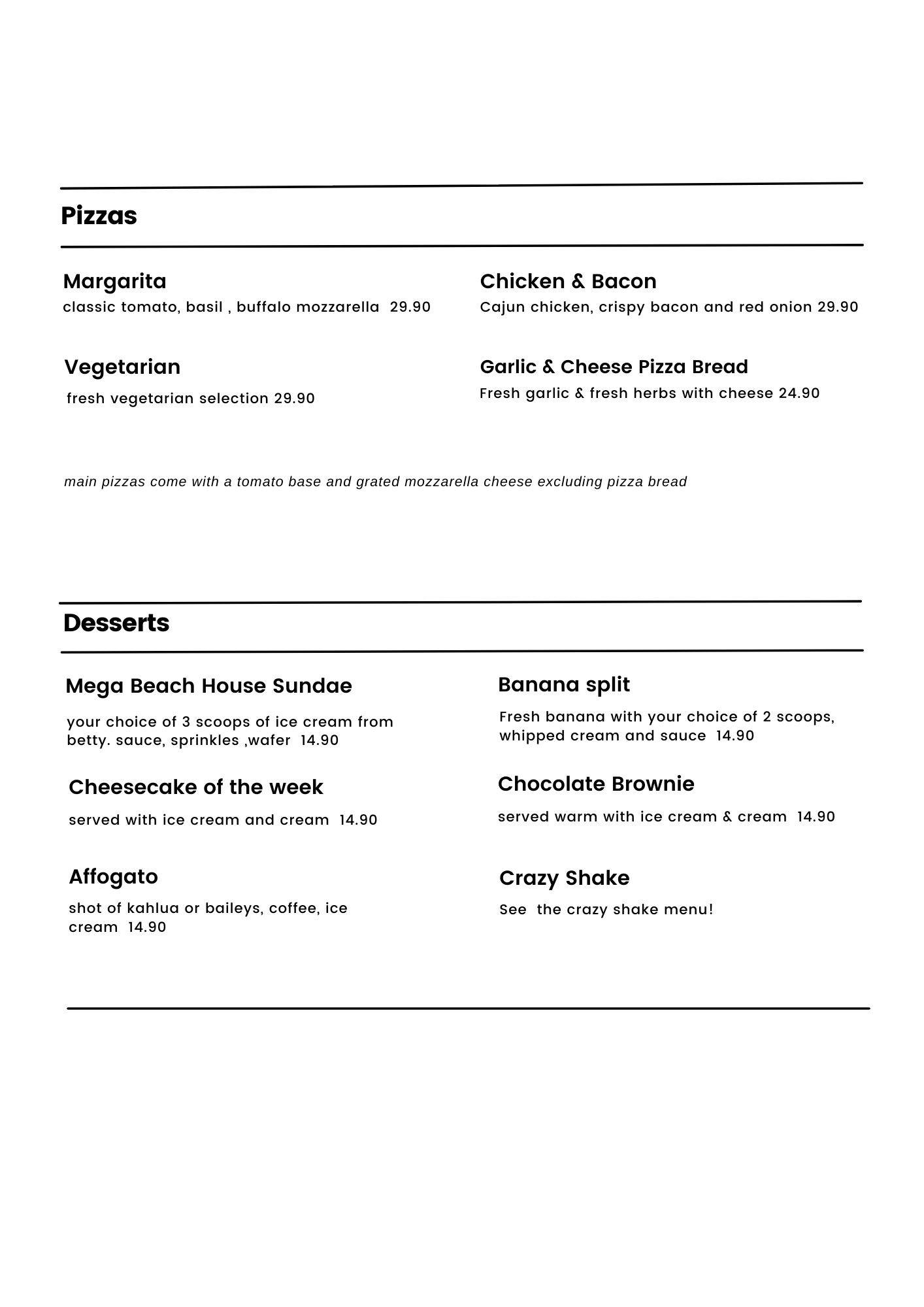 Menu at Beach House Eatery restaurant, Orewa