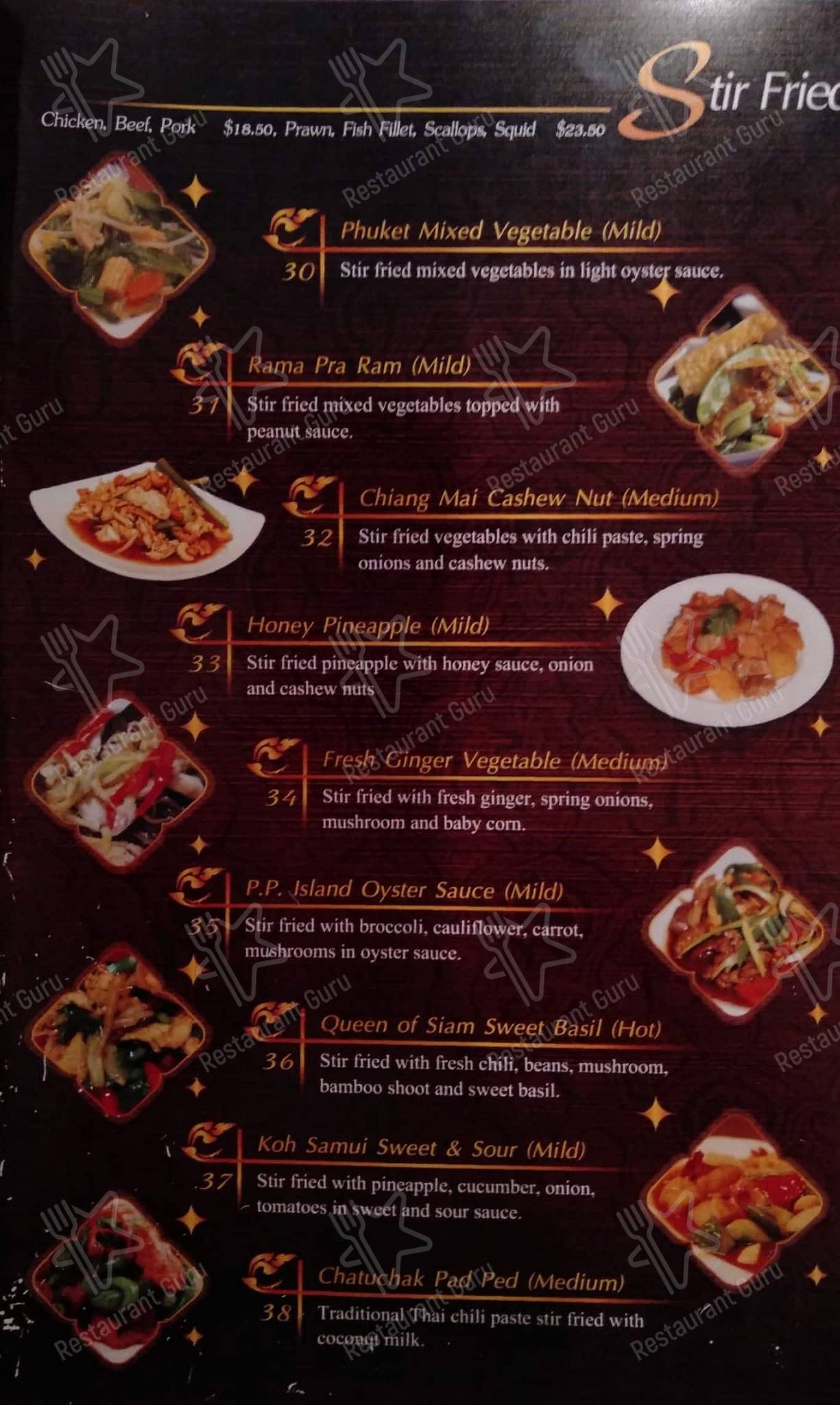 Menu at Royal Siam Thai Restaurant, Auckland
