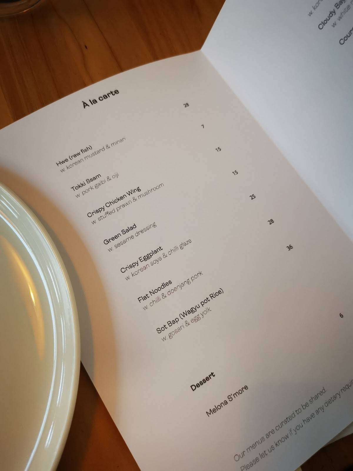 Menu at Tokki restaurant, Auckland