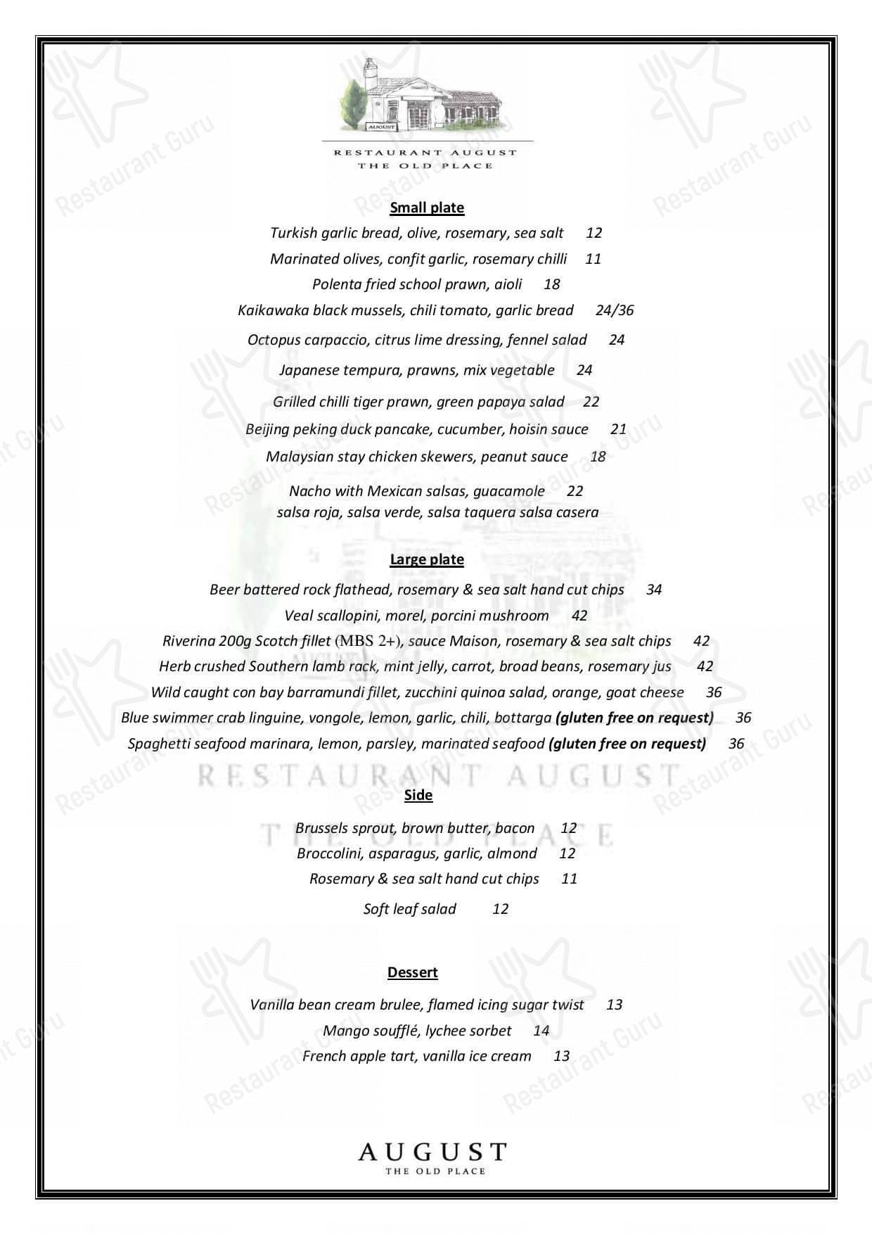 Menu at August The Old Place Mosman cafe, Mosman