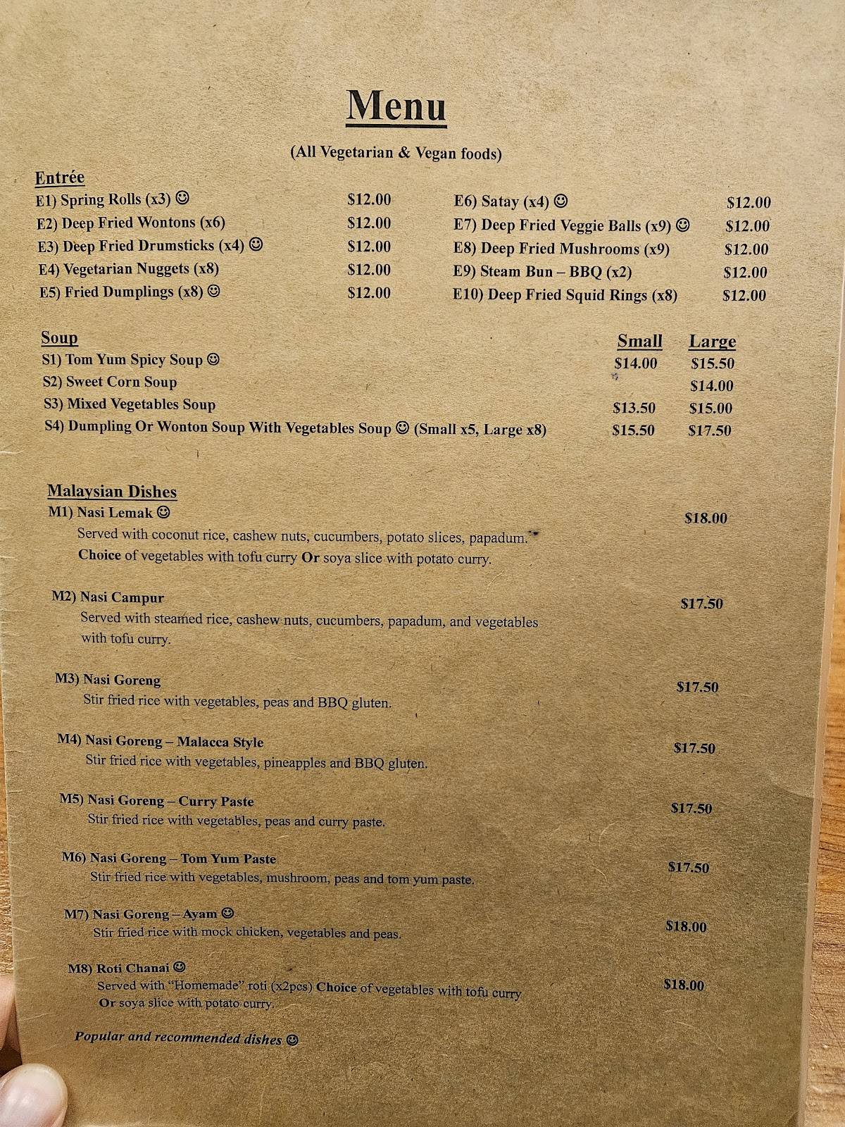 Menu at Aunty Mena's Vegetarian Restaurant & Cafe, Wellington