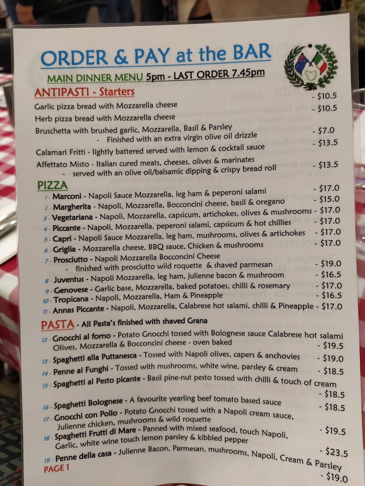 Menu at Australian Italian Club of Hobart, North Hobart