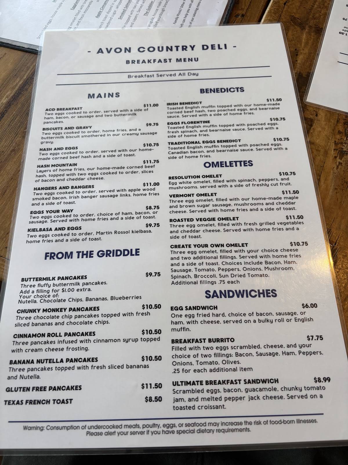 Menu at Avon Country Deli restaurant, Avon, 136 Simsbury Rd Building 11