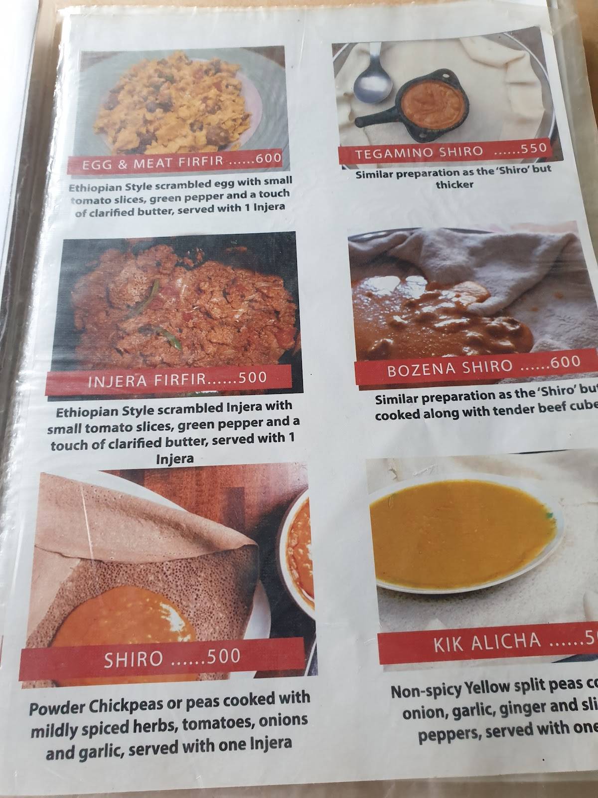 Menu at Awash Ethiopian Restaurant, Nairobi