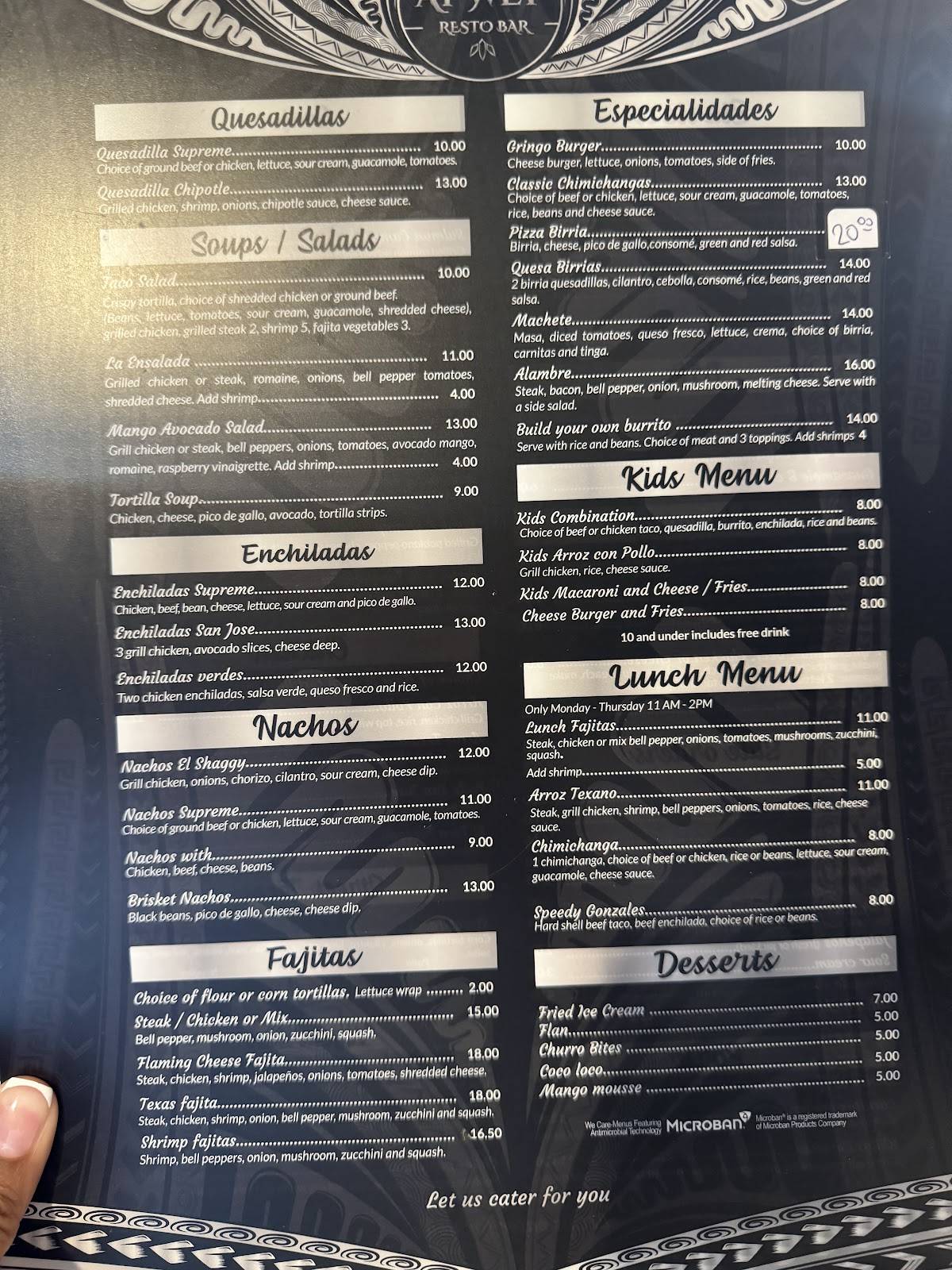 Menu at Ay Wey Resto Bar, Swainsboro