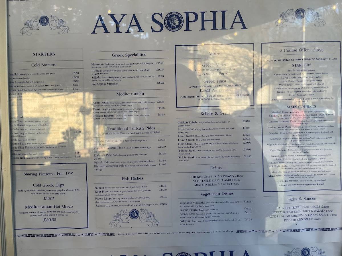 Carta del restaurante Aya Sophia, Hebden Bridge