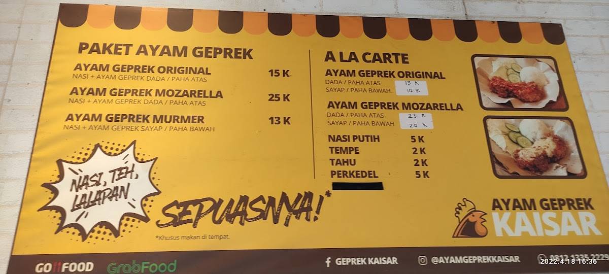 Menu at Ayam Geprek Kaisar restaurant, East Jakarta