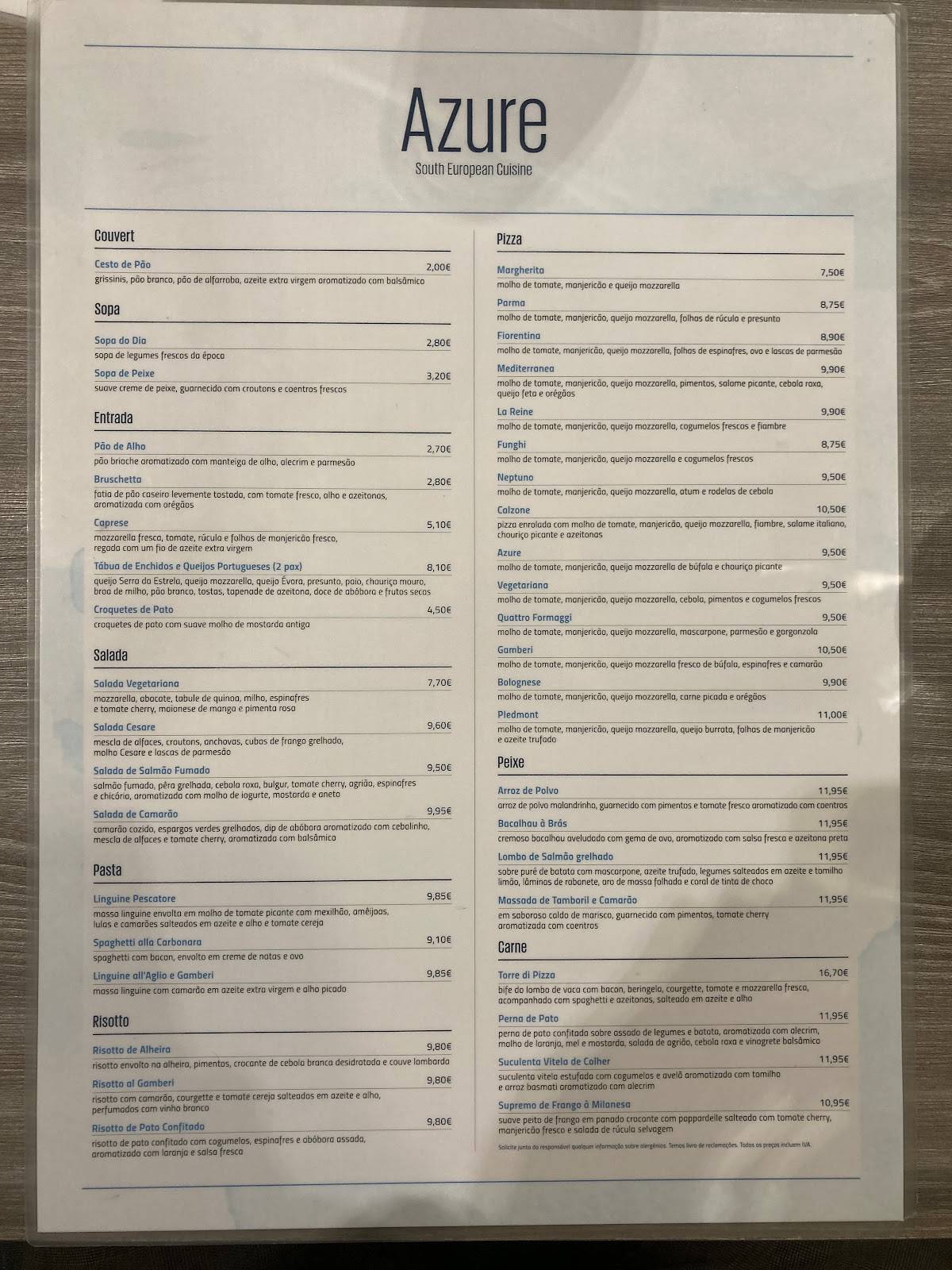 Menu at Azure restaurant, Carcavelos
