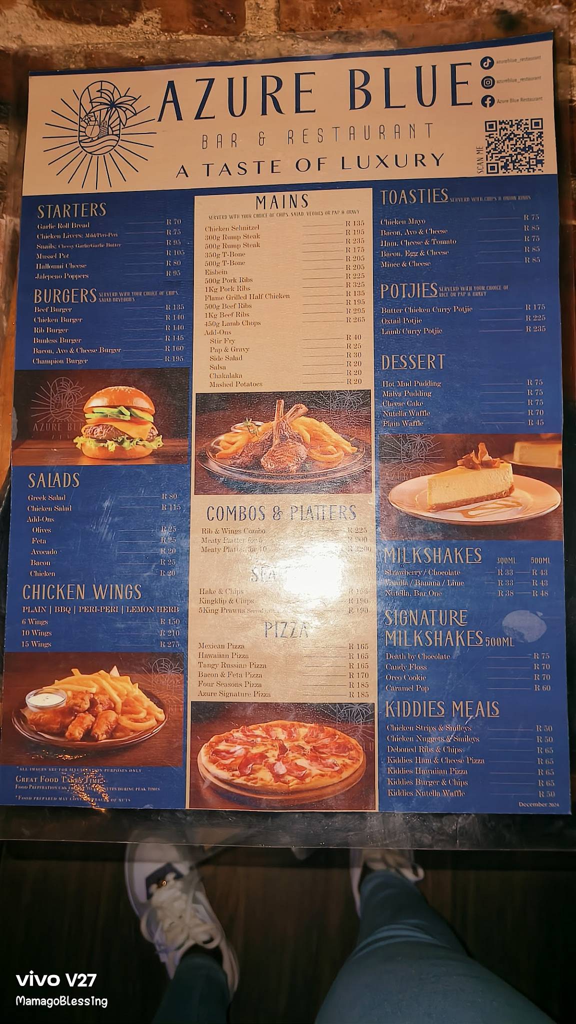 Menu at AzureBlue Restaurant, Rustenburg