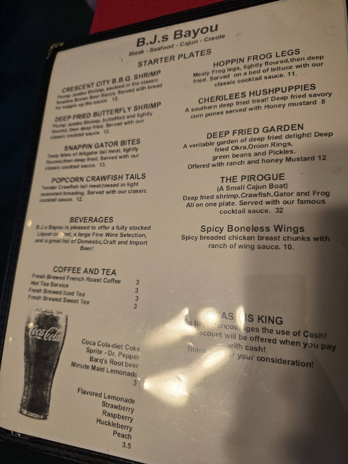 Menu at B J's Bayou restaurant, Roberts