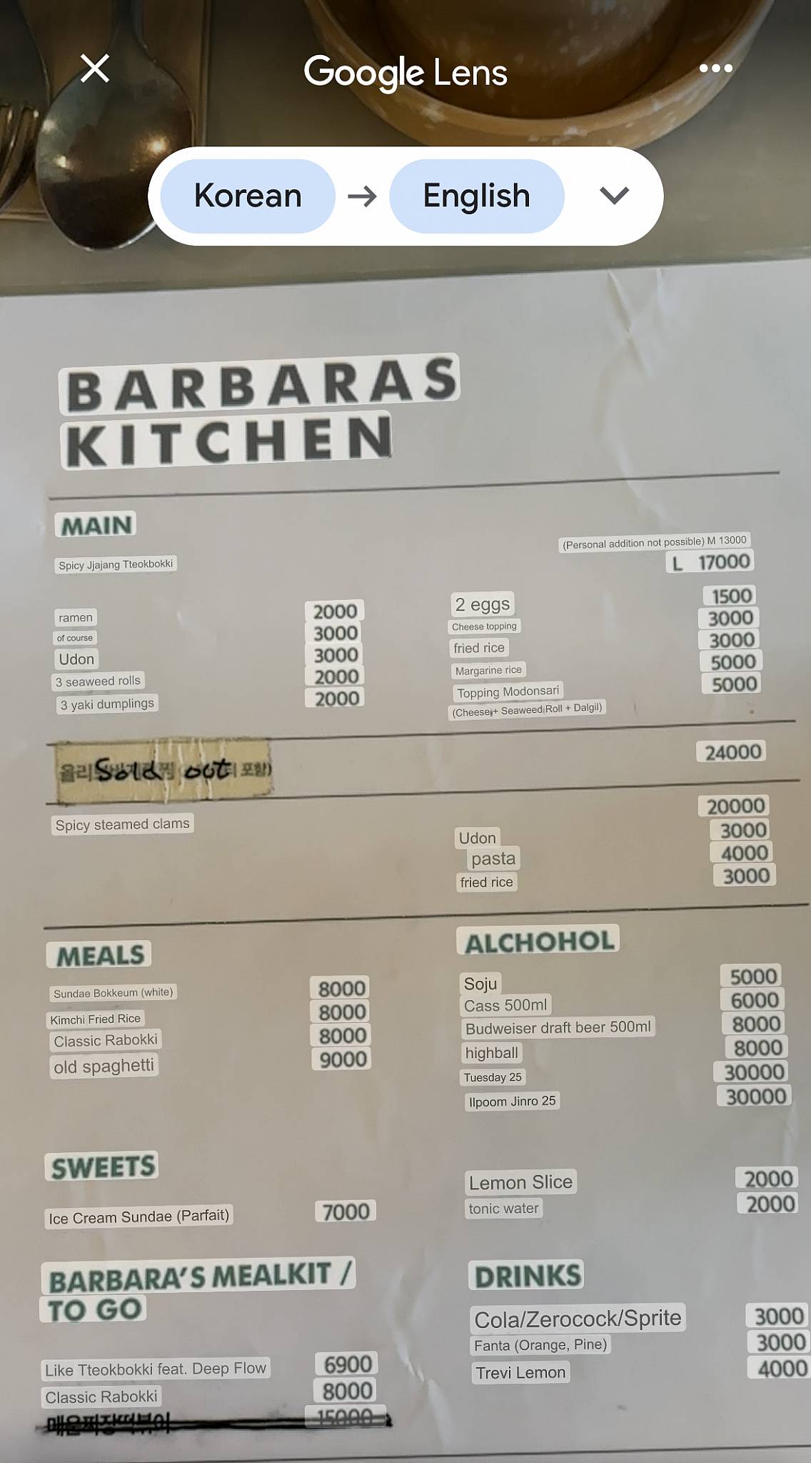Menu at BARBARAS KITCHEN, Seoul