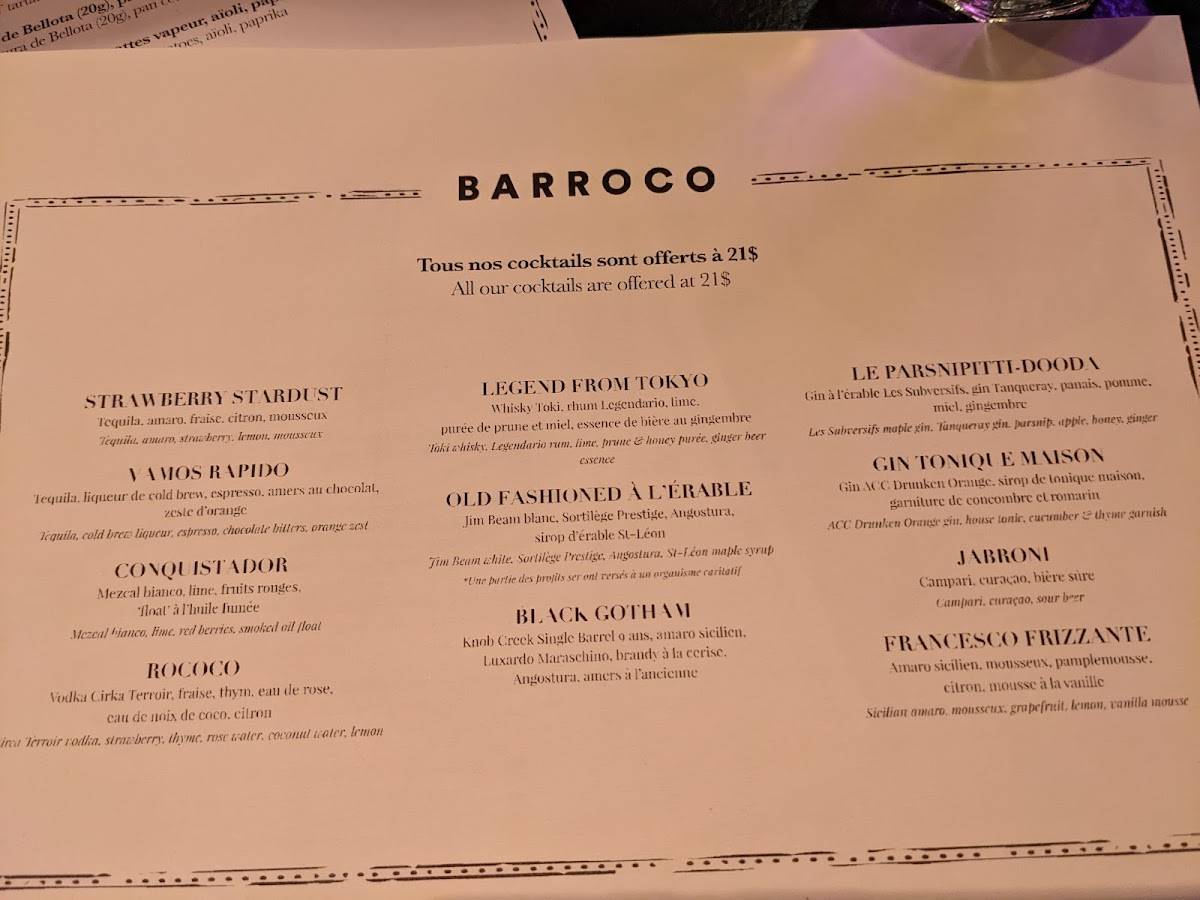 Menu at BARROCO, Montréal
