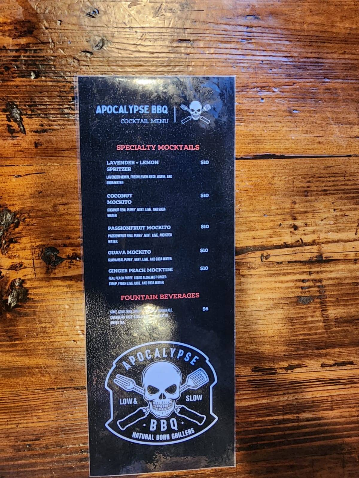Menu at Apocalypse BBQ, Miami, SW 104th St