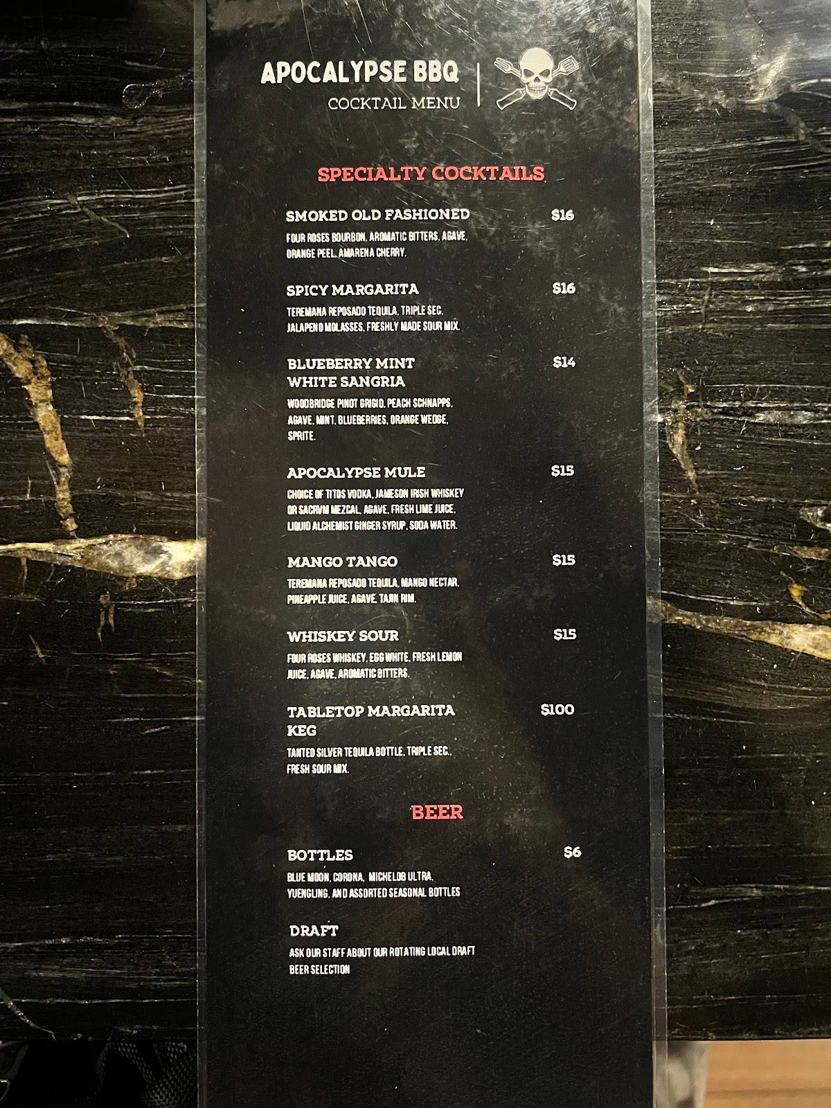 Menu at Apocalypse BBQ, Miami, SW 104th St