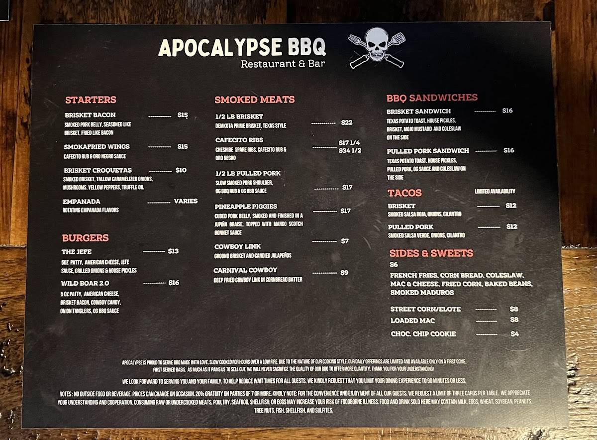 Menu at Apocalypse BBQ, Miami, SW 104th St