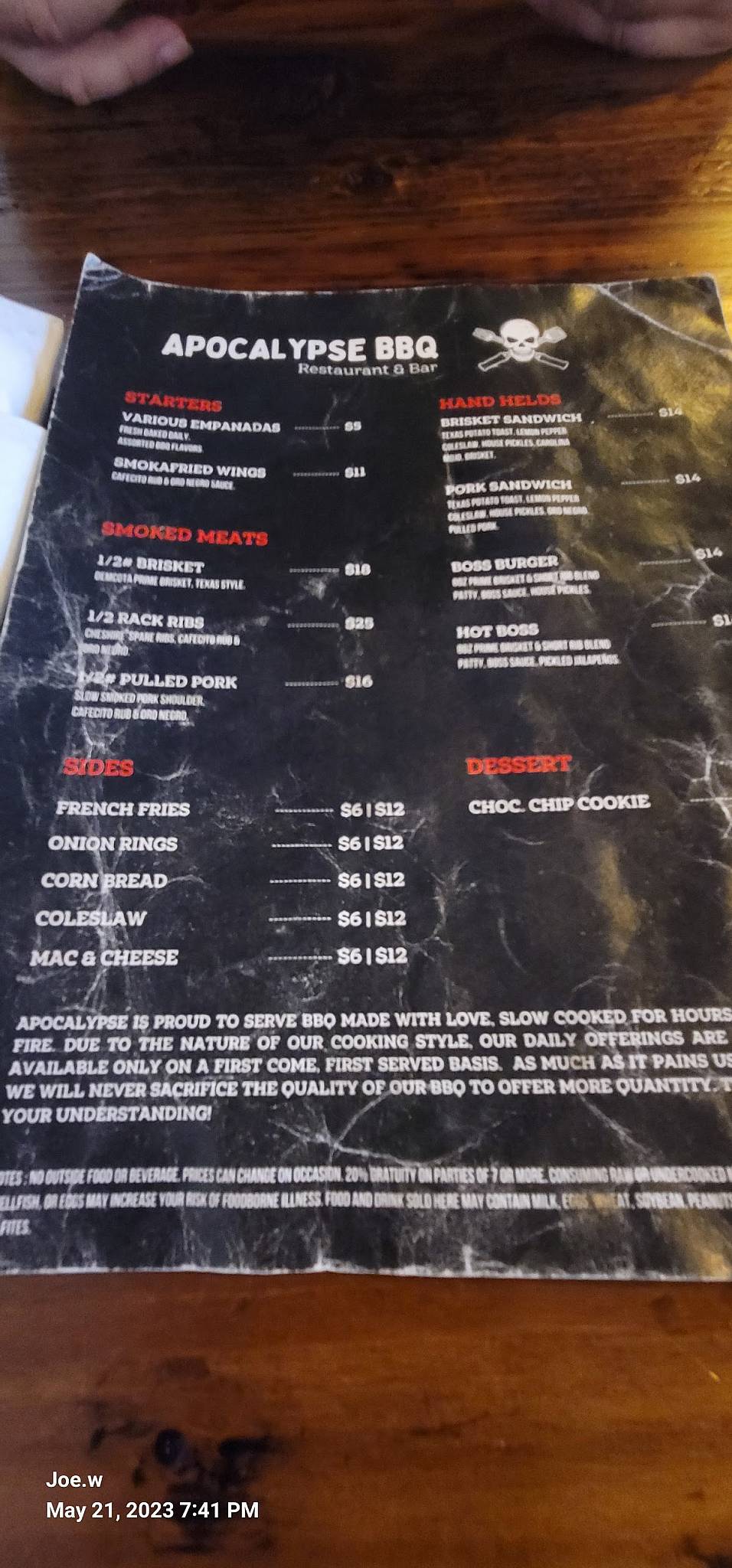 Menu at Apocalypse BBQ, Miami, SW 104th St