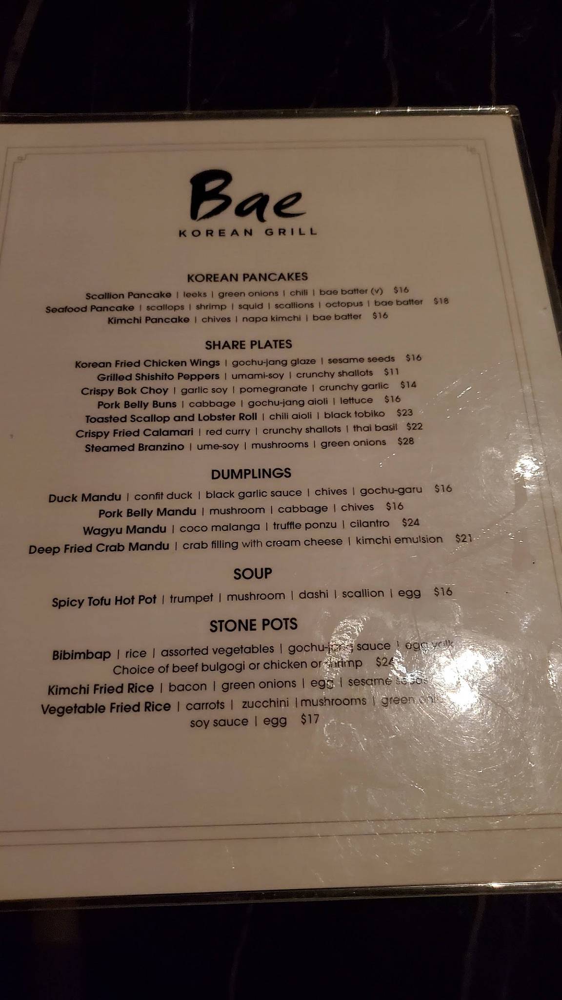 Menu at Bae Korean Grill BBQ, Hollywood