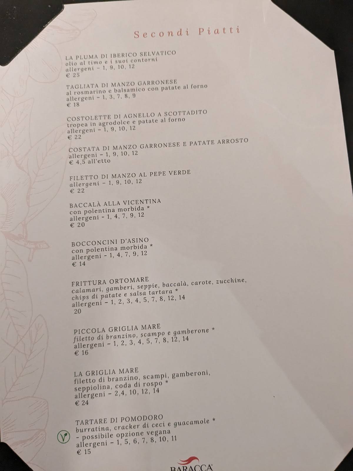 Menu da Baracca Storica Hostaria, Trebaseleghe